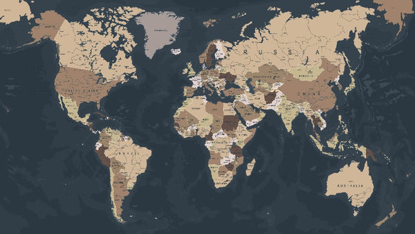 Black and Brown World Map Wallpaper Mural | Elegant Wall Art